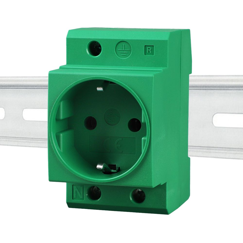 Schuko socket for top-hat rail in green, 16A, 230V, 2P+E, for 35mm DIN ...